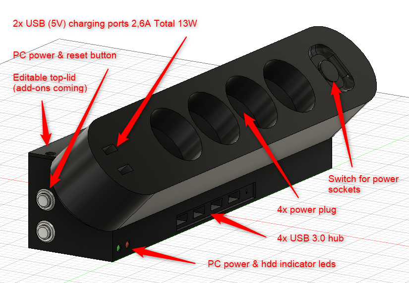 Multi-Desktop hub (Power, USB-Power, USB ports, PC start/reset switches ...