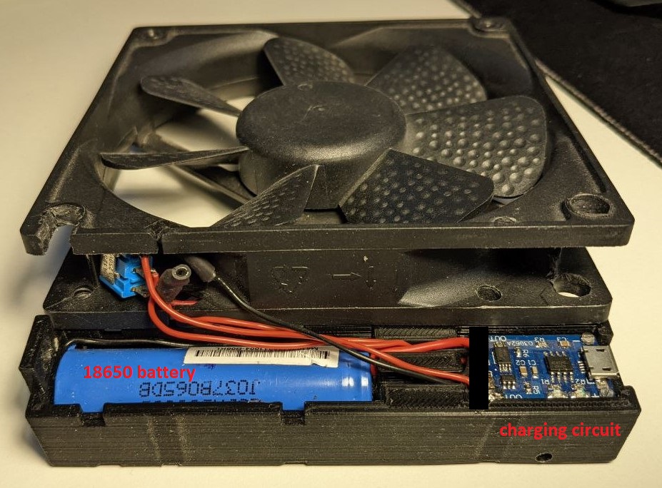 portable 120mm case fan with 18650 battery, charging and boost circuit ...