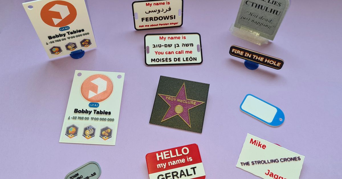 OpenSCAD name tag + modifiers, lamination, file import da Xavier ...