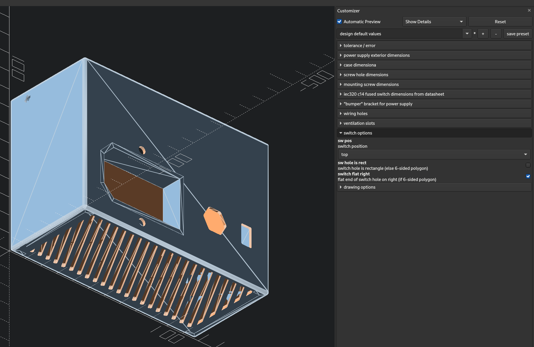 Parametric Power Supply Cover with Switch - OpenSCAD by meltdown ...