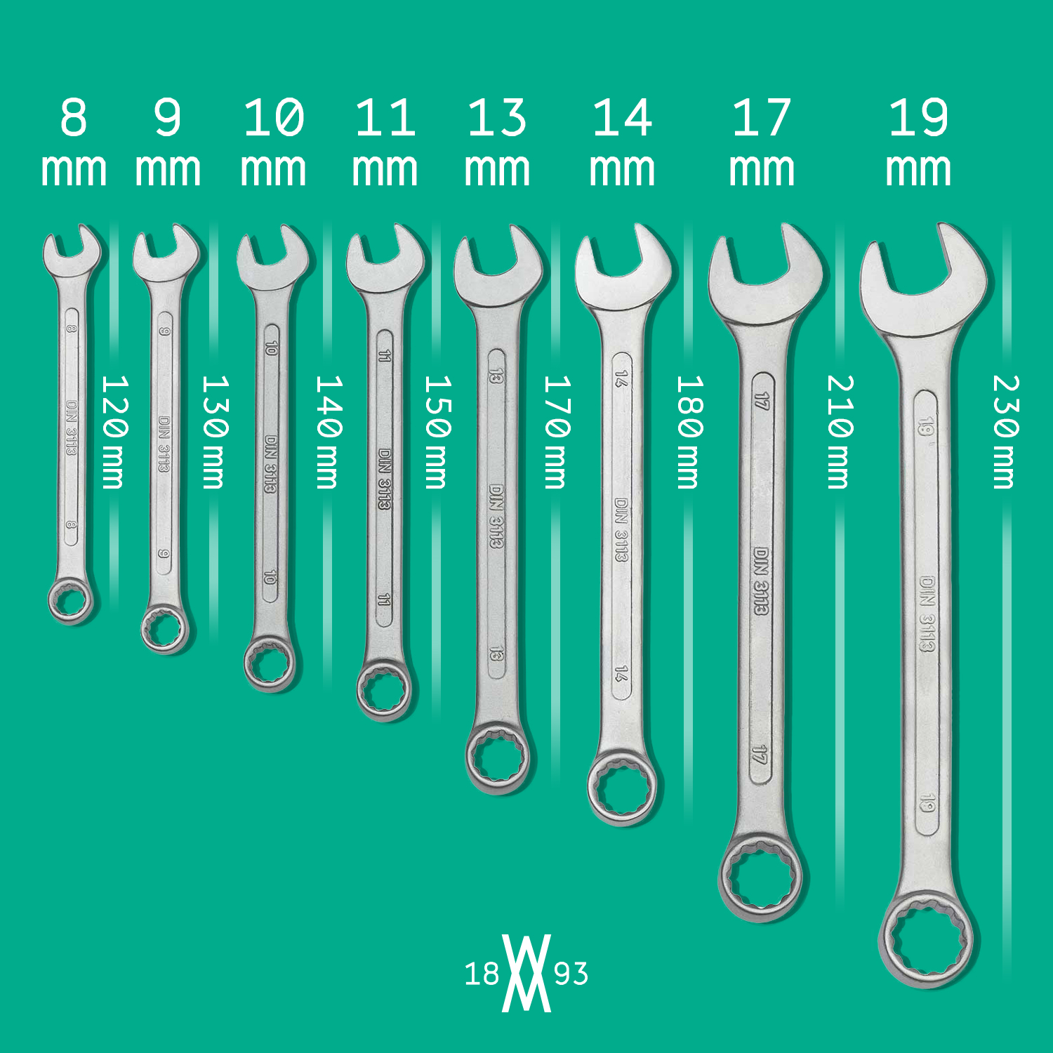 Combination Spanner Set 8pcs metric 8-19mm Wall Holder 011 I for screws ...