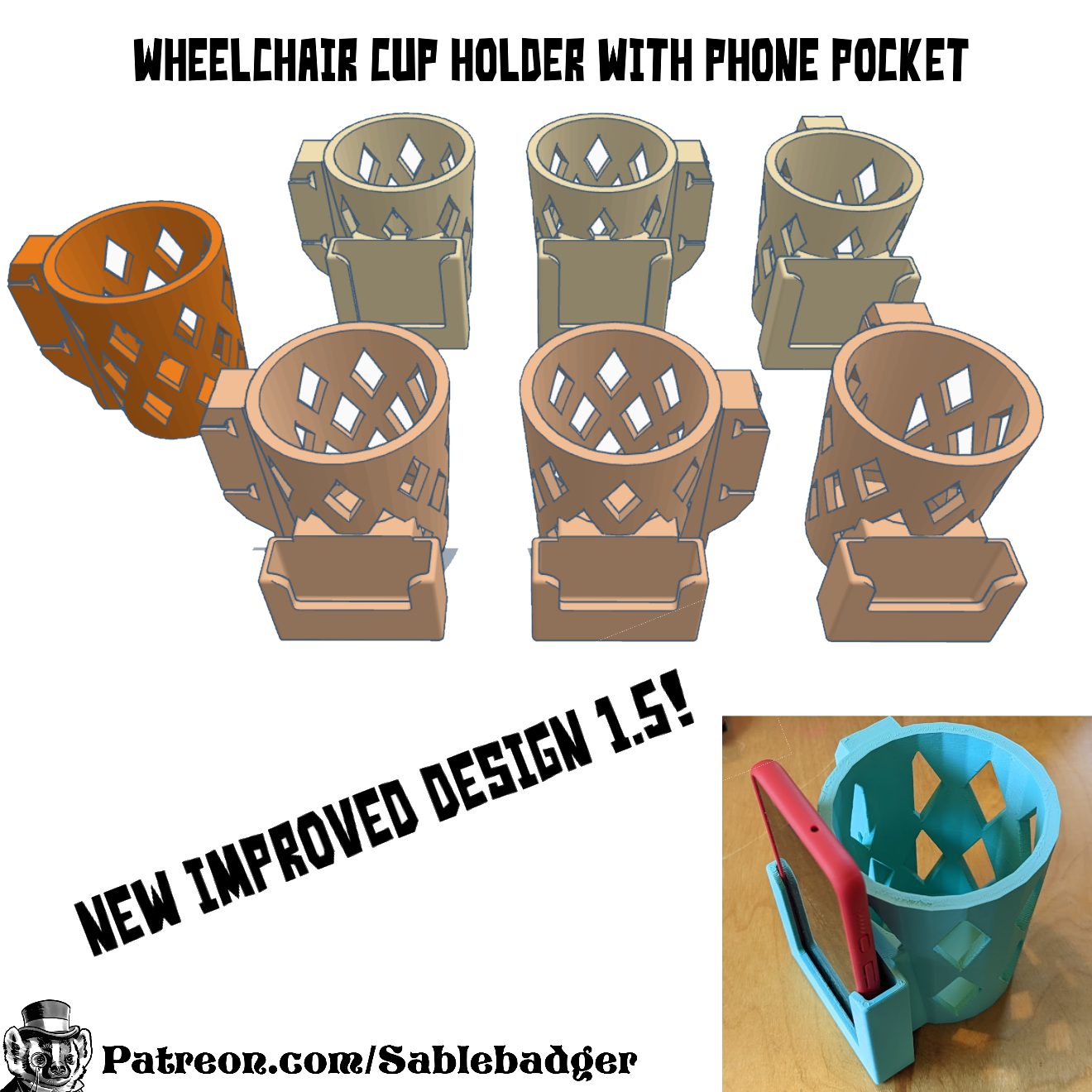 Wheelchair Cup Holder - Zip Tie Attachment by Sablebadger 3D | Download ...
