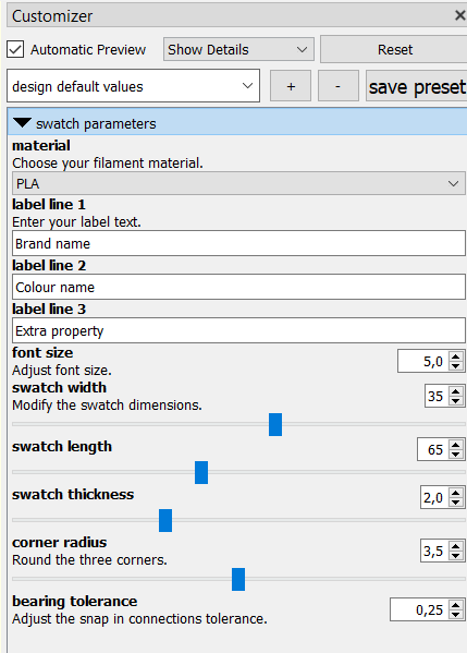 Easily customizable, no-nonesense filament swatches (OpenSCAD-Customizer). von Milan ...