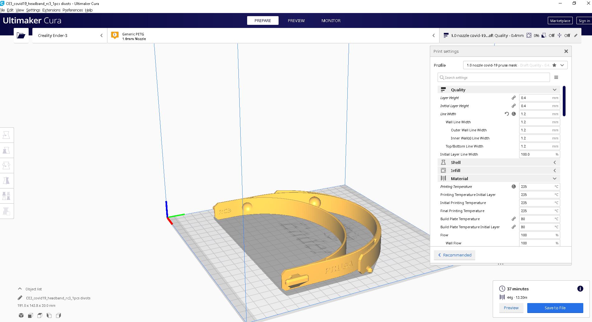 Prusa Protective Face Shield - RC3 remix 37min. added divots , print ...