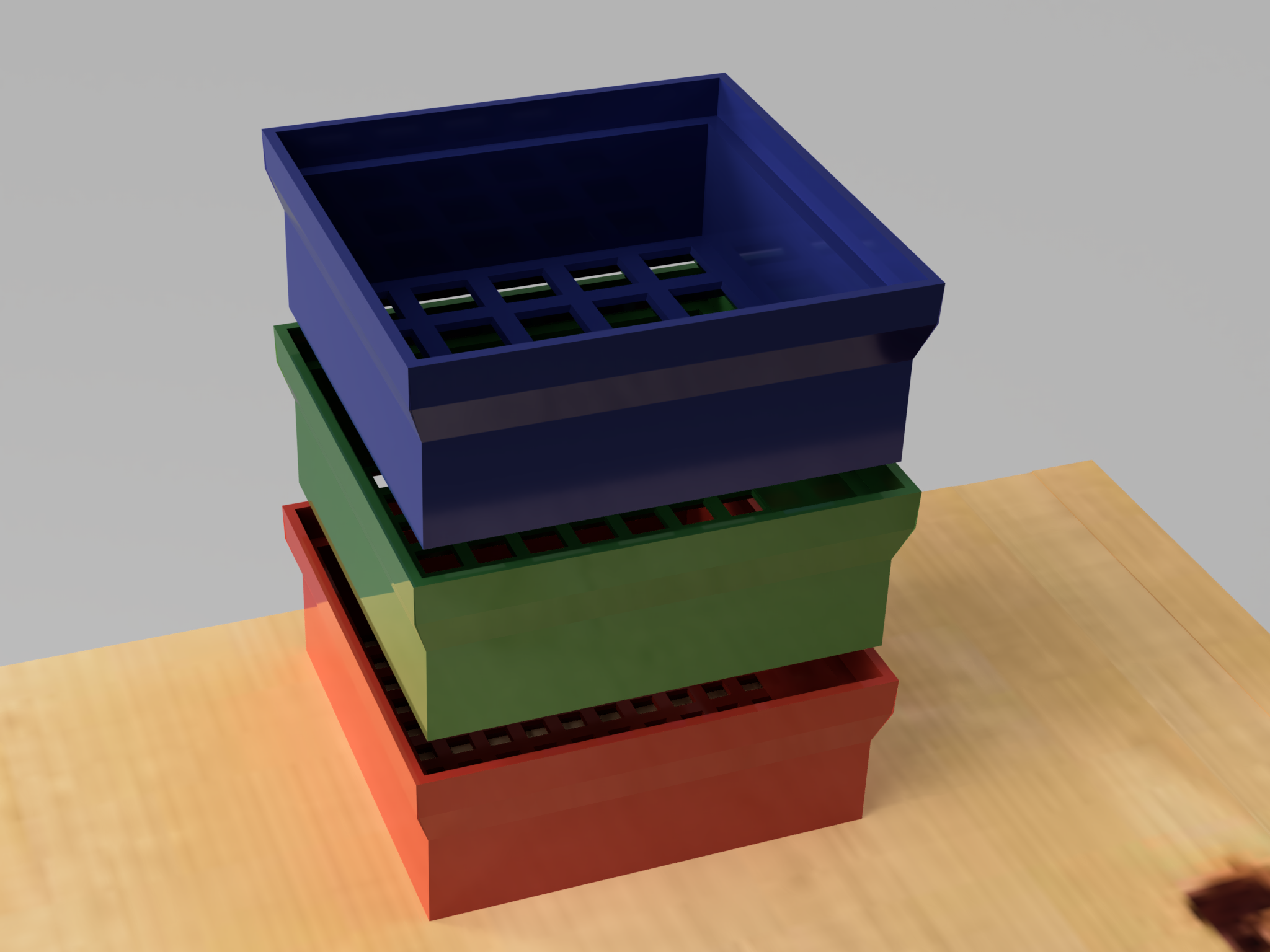 A set of stackable sieves with grate sizes of 6mm, 8mm and 12mm by Joe ...