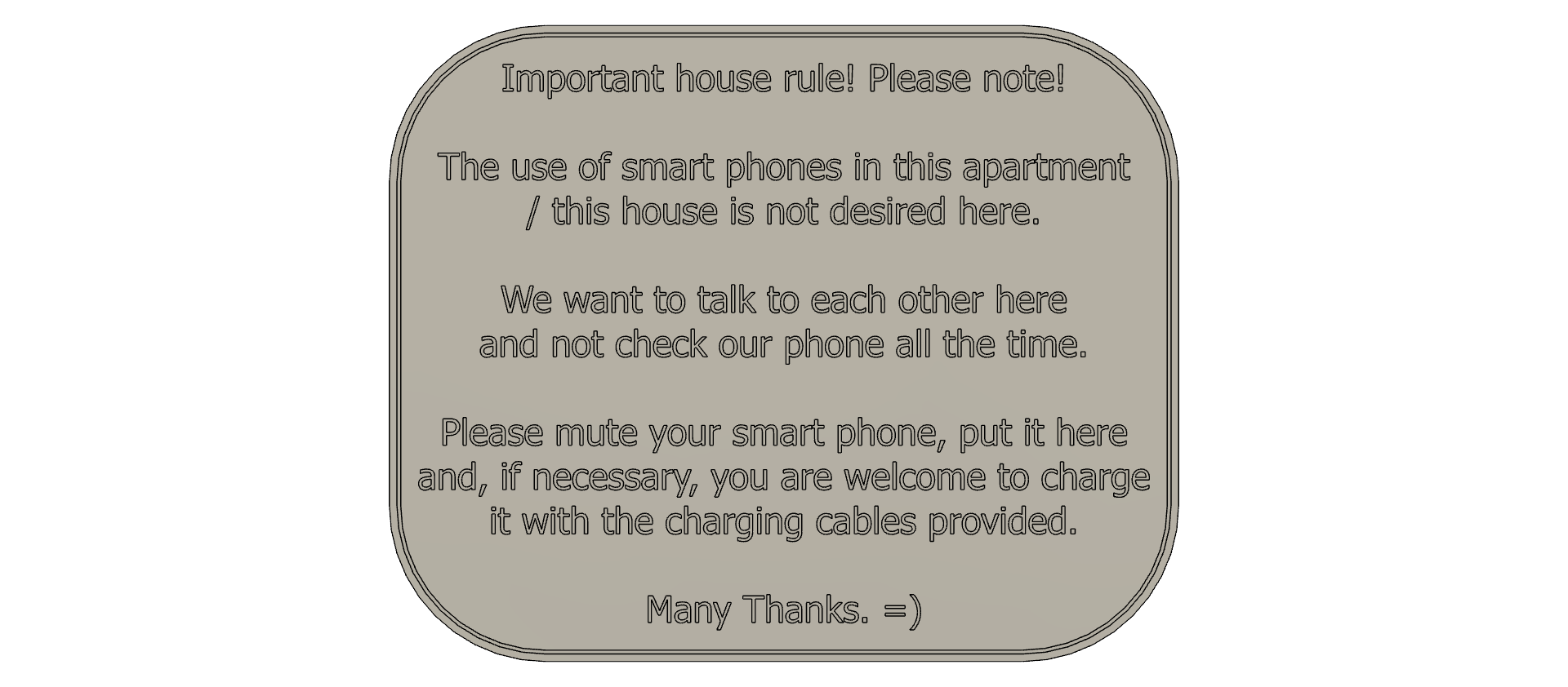 Smart phone + catch-all tray with house rule sign and charging station ...