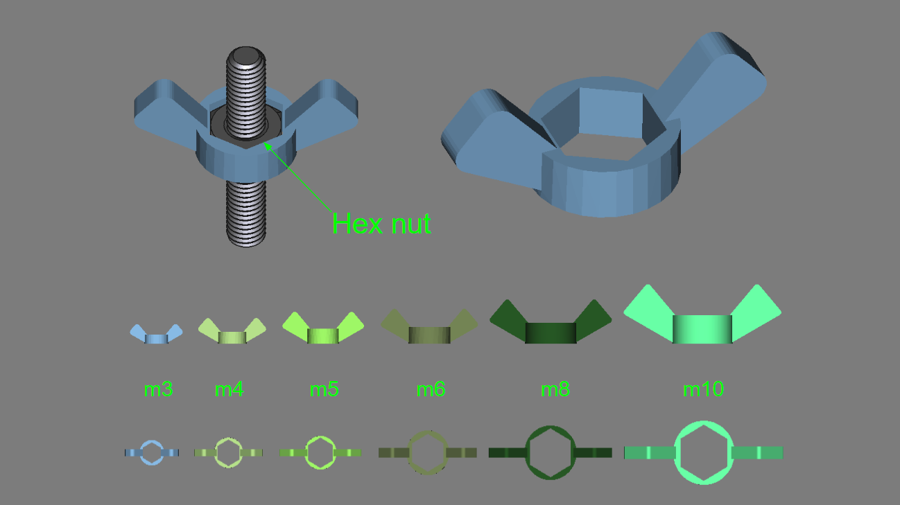 Hex nut to wing nut collection m3-m10 by ICant3DPrint | Download free ...