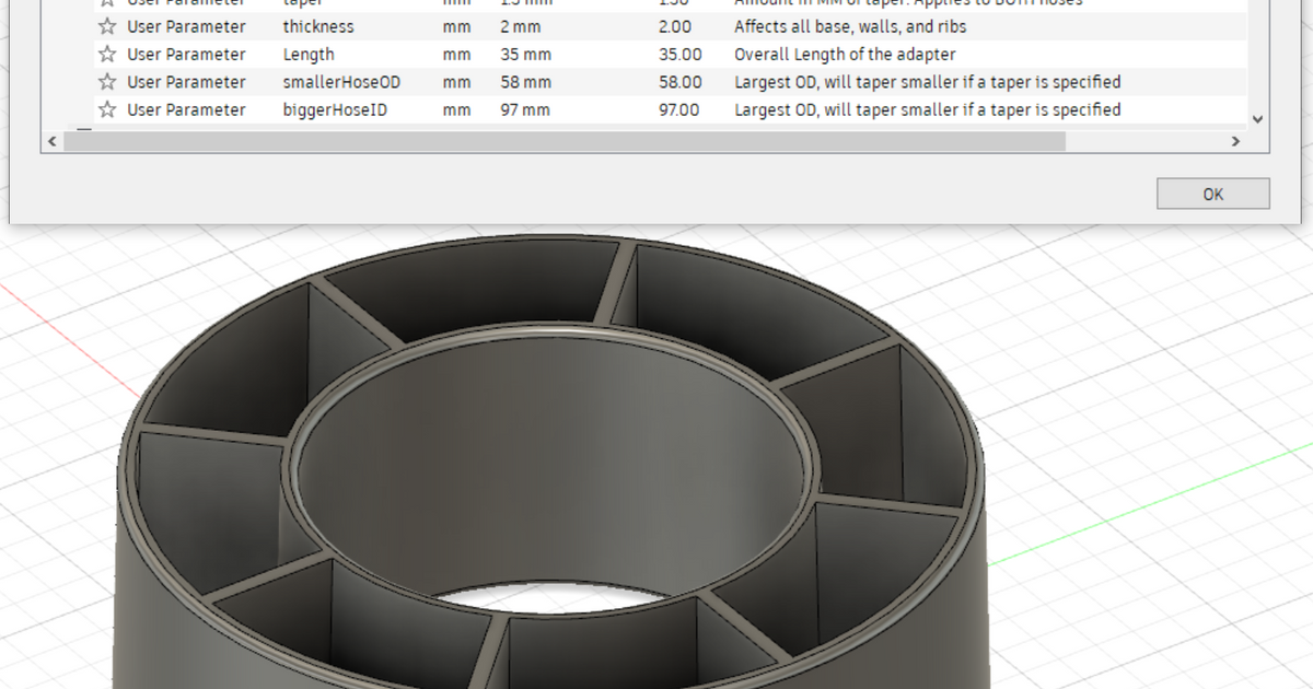 Fusion 360 Parametric Hose / Pipe Adapter by Kn | Download free STL model | Printables.com