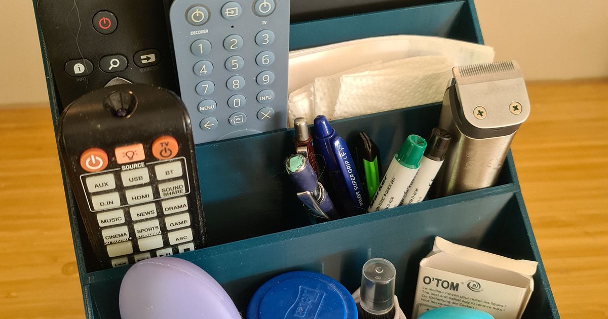Compact organizer for TV remotes, tab computer, pens and bits and ...