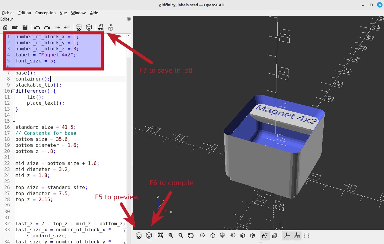 Gridfinity bins with labels (configurable) / Contenant avec etiquettes ...