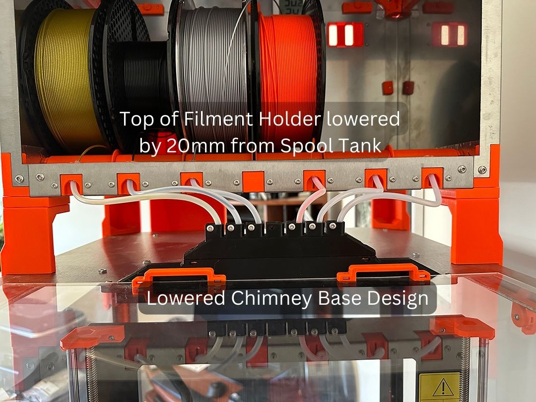 Lowered Chimney Design to lower PTFE tube intakes into the Prusa box to ...