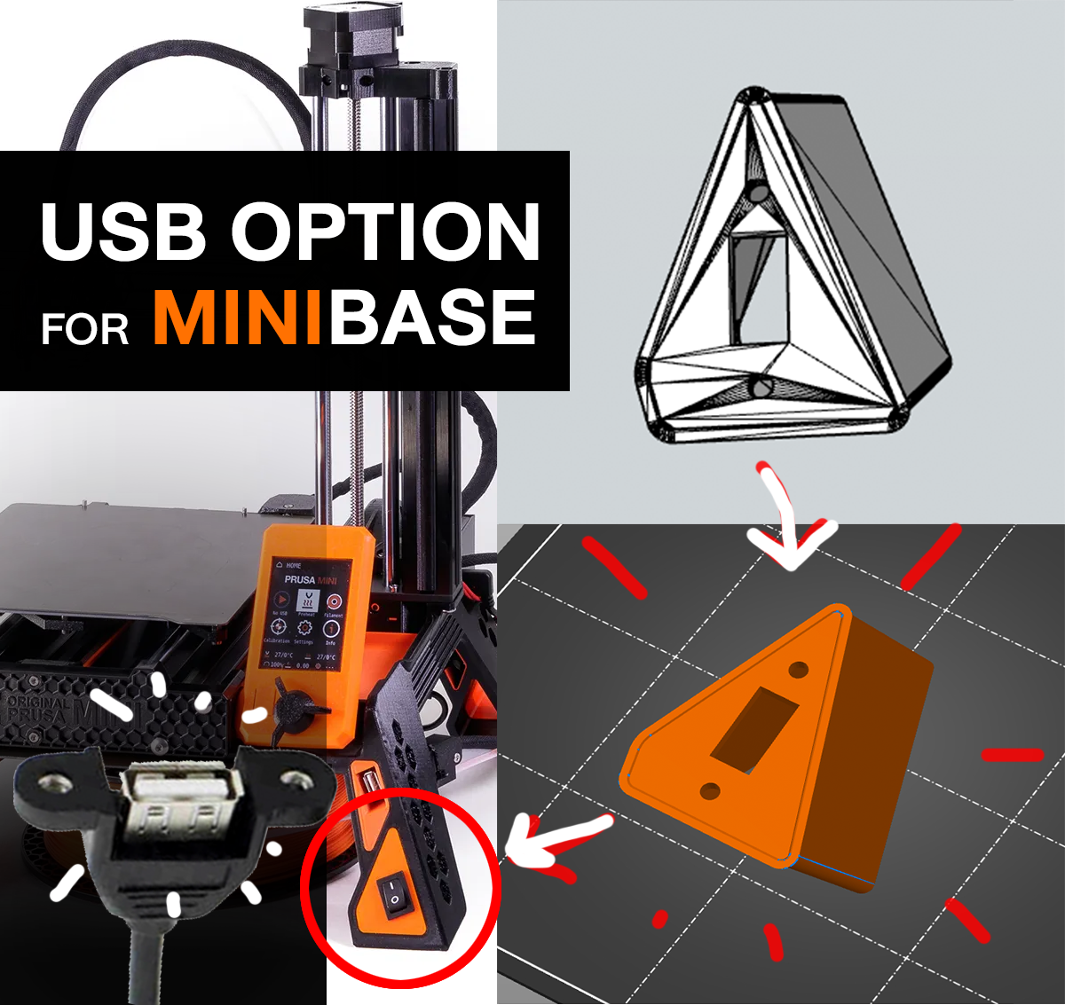 USB Plug Hole Option for Prusa Mini Base by Panitarn Boontarig ...