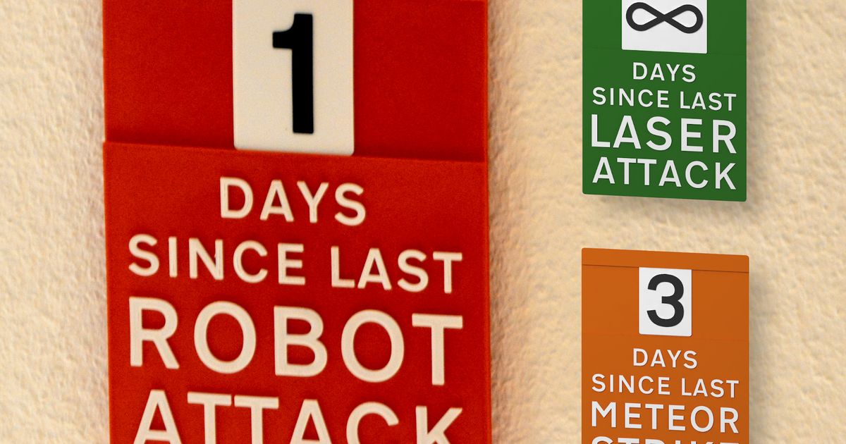 Safety day counter sign with tags (Robot attack inspired) includes ...