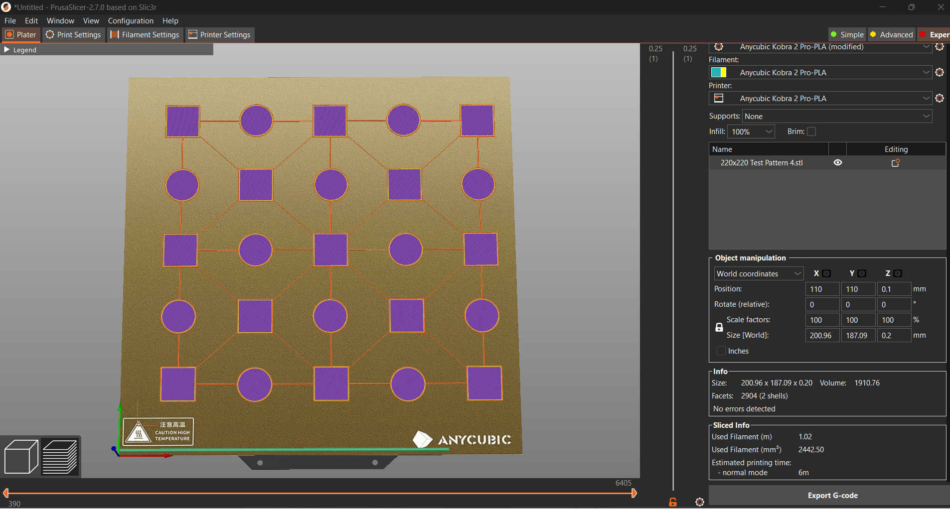 Anycubic Kobra 2 Pro Bed Level First Layer Calibration Squares and Brim ...