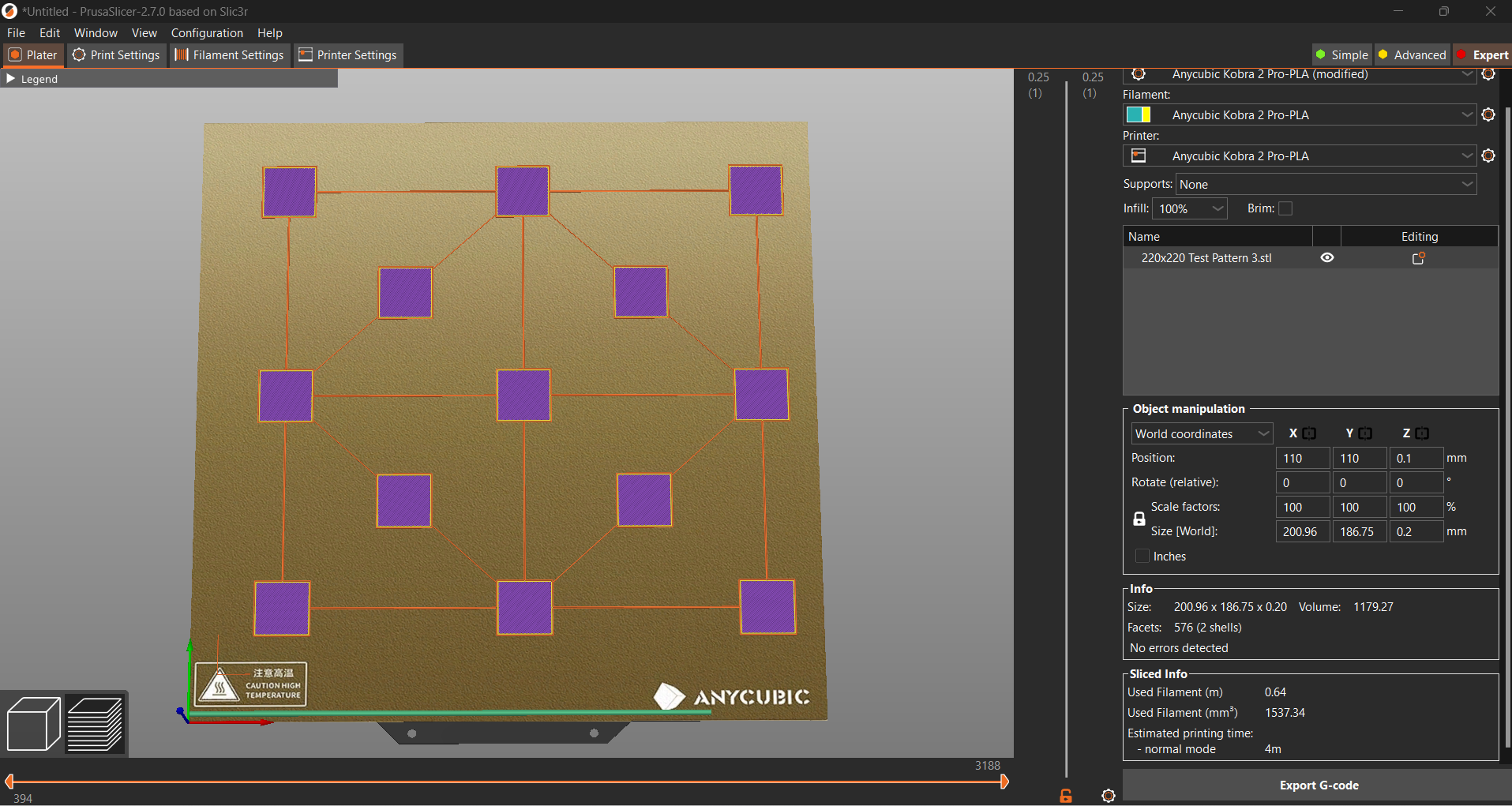 Anycubic Kobra 2 Pro Bed Level First Layer Calibration Squares and Brim ...