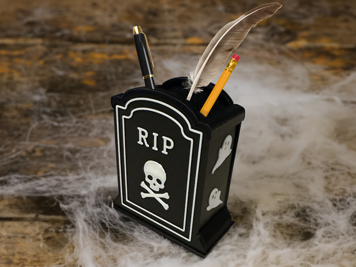 Tombstone RIP Skull and Bones Grave Pen or Brush Holder for Decorating ...