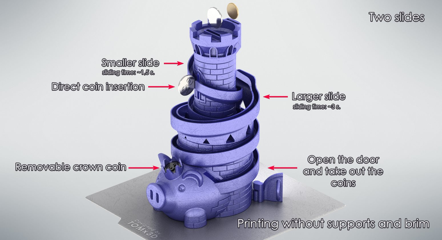 Piggy bank with two coin slides | Piggy castle bank by TOMx3D ...
