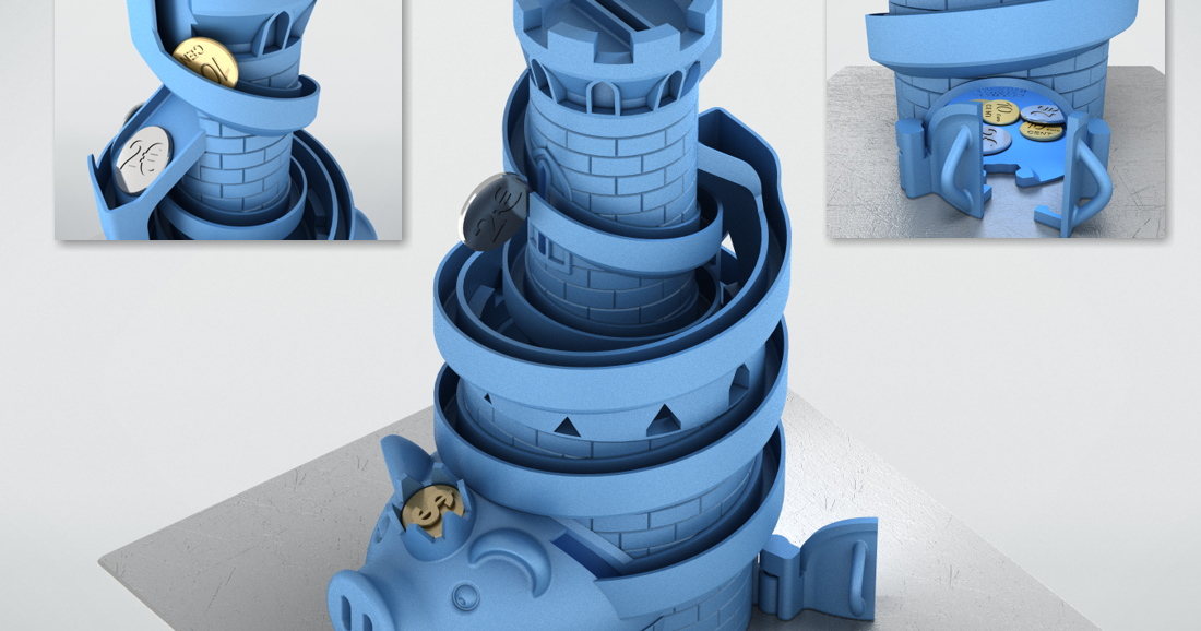 Piggy bank with two coin slides | Piggy castle bank by TOMx3D | Printables Store