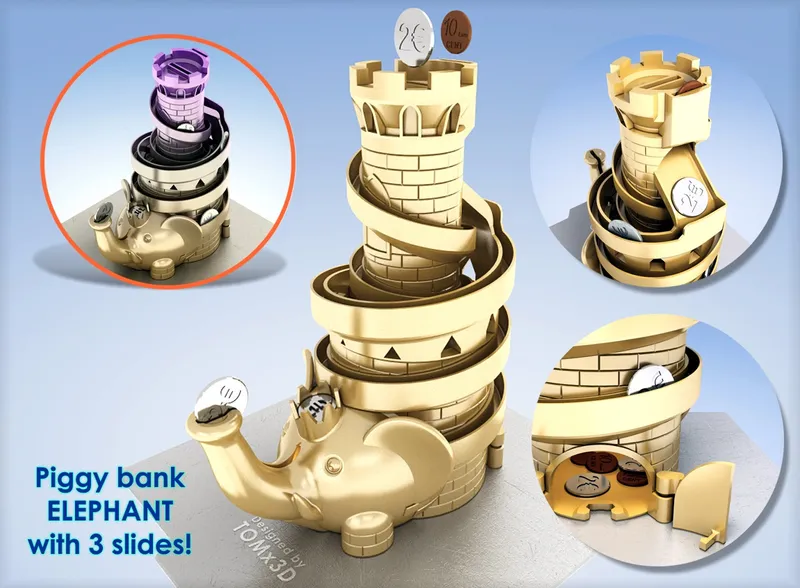Piggy bank with two coin slides | Piggy castle bank by TOMx3D ...