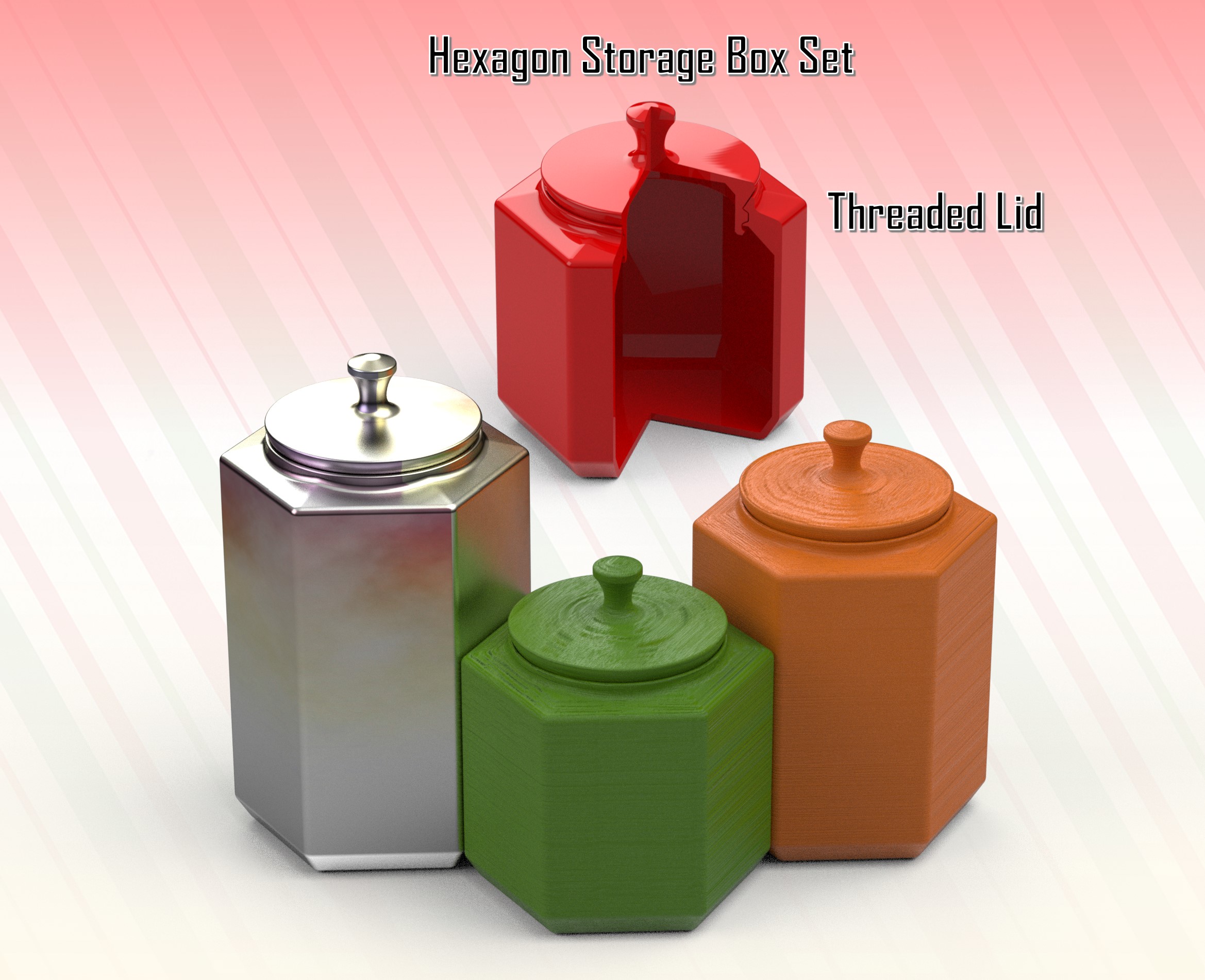 Hexagonal Storage Boxes Set: Threaded Round Lids, Dovetail Base, Three ...
