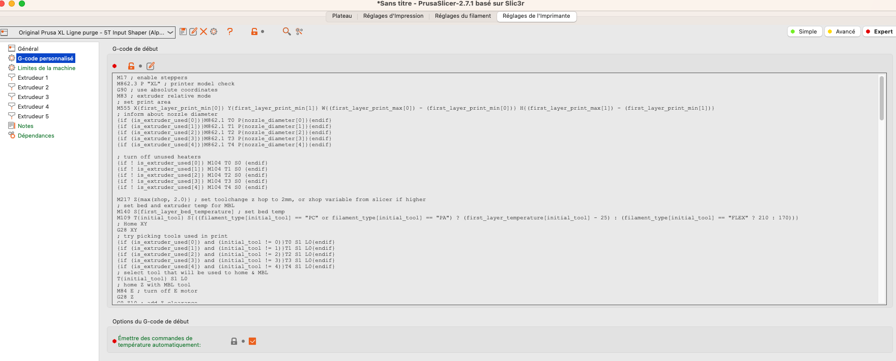 Start G-code for purge lines on board PRUSA XL 5T, Gcode pour lignes de purges sur le plateau by ...