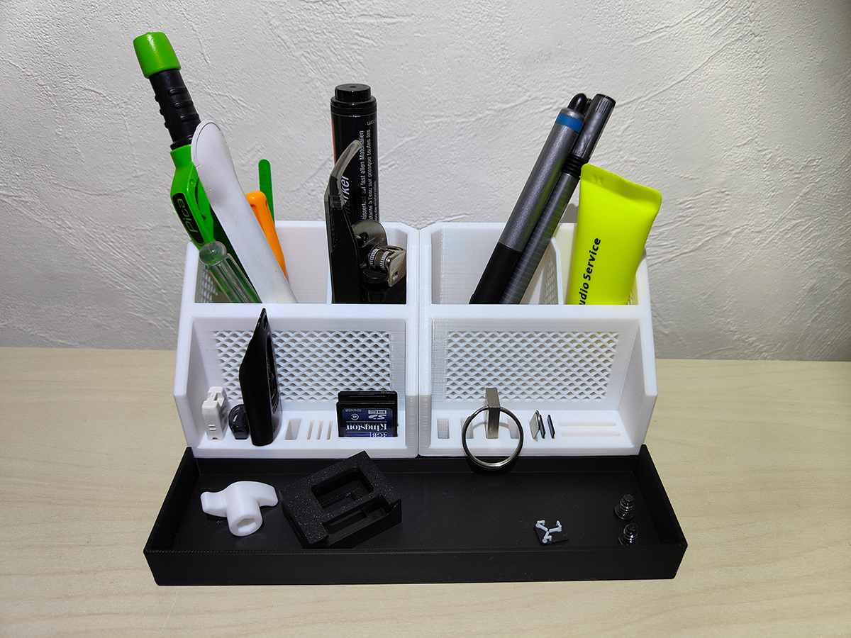 Base for two organizers side by side with an extension for small parts ...