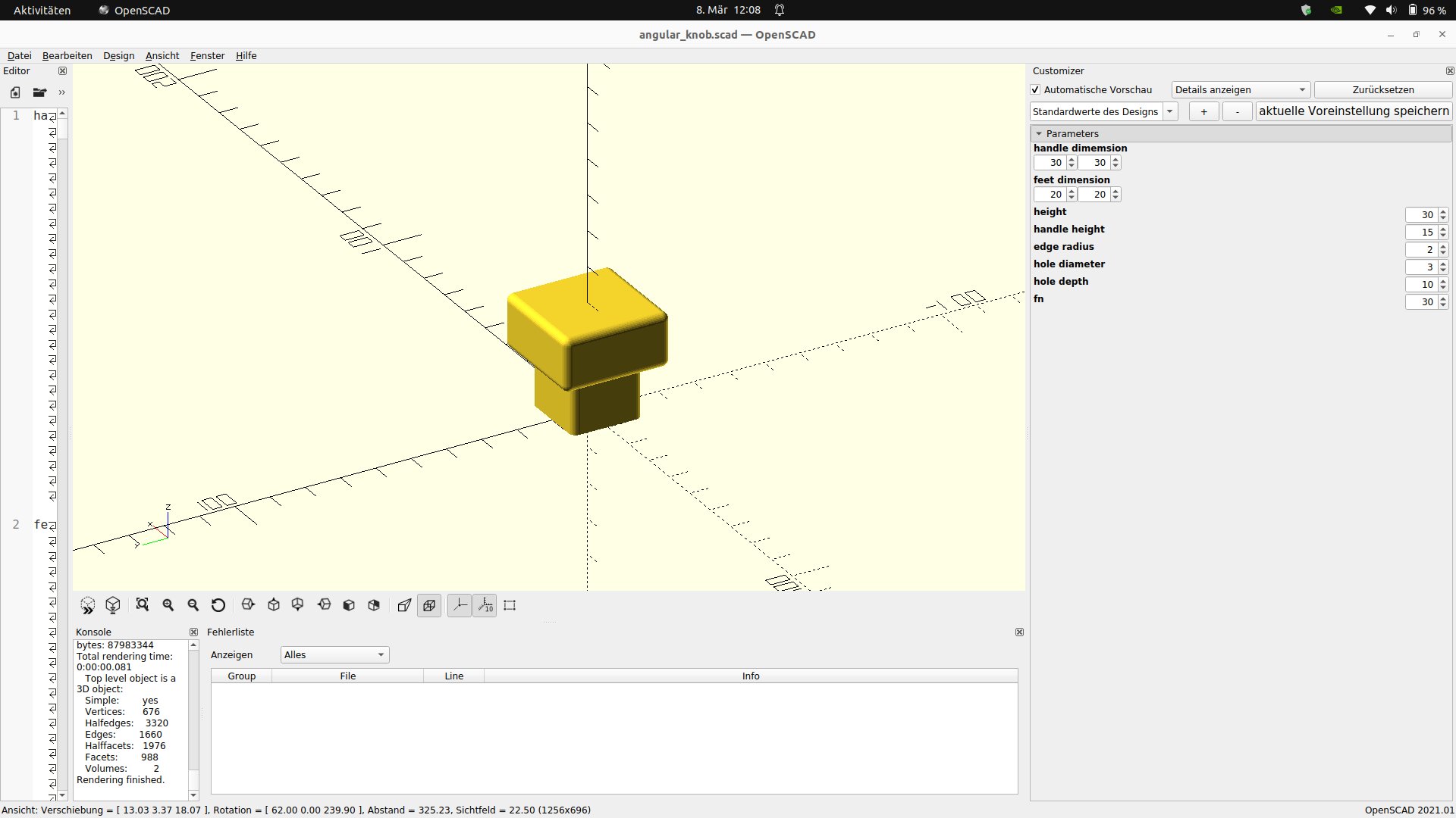 Anpassbares / Customizable OpenSCAD- Script für / for eckige Schrankknöpfe / Cabinet Angular ...