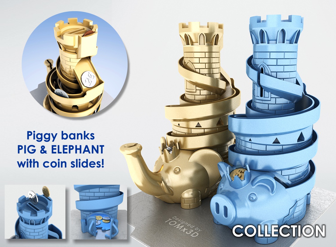 Piggy bank with coin slides "PIG" & "ELEPHANT" - collection! by TOMx3D ...