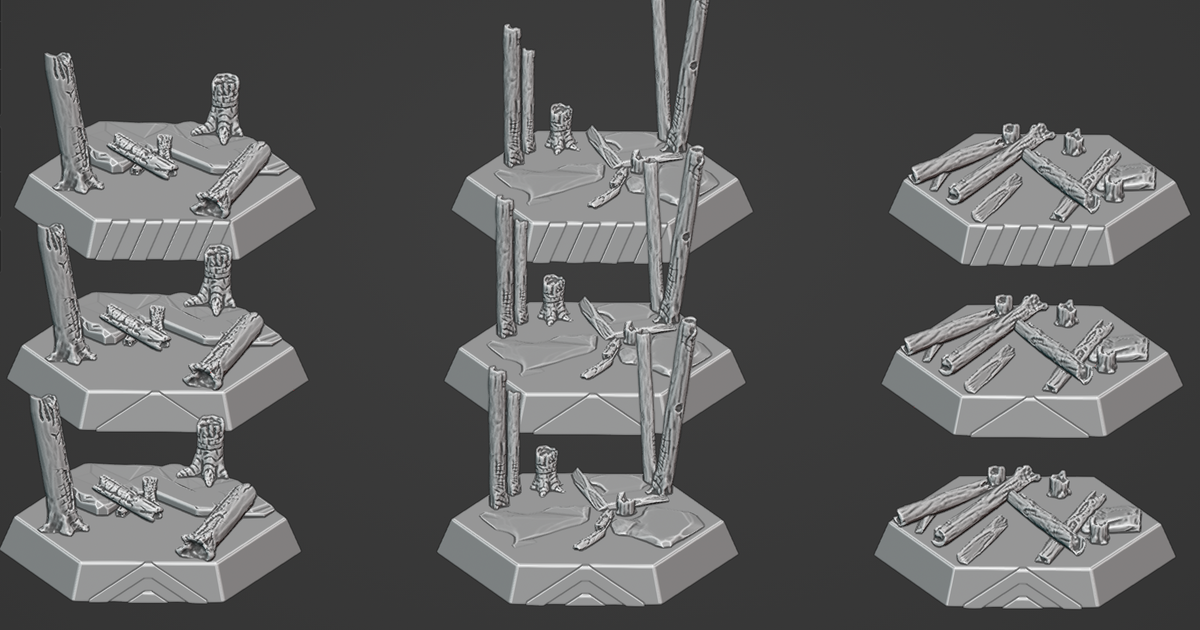 Hex Bases Burned Forest SET 2 with front indicator for battletech etc ...