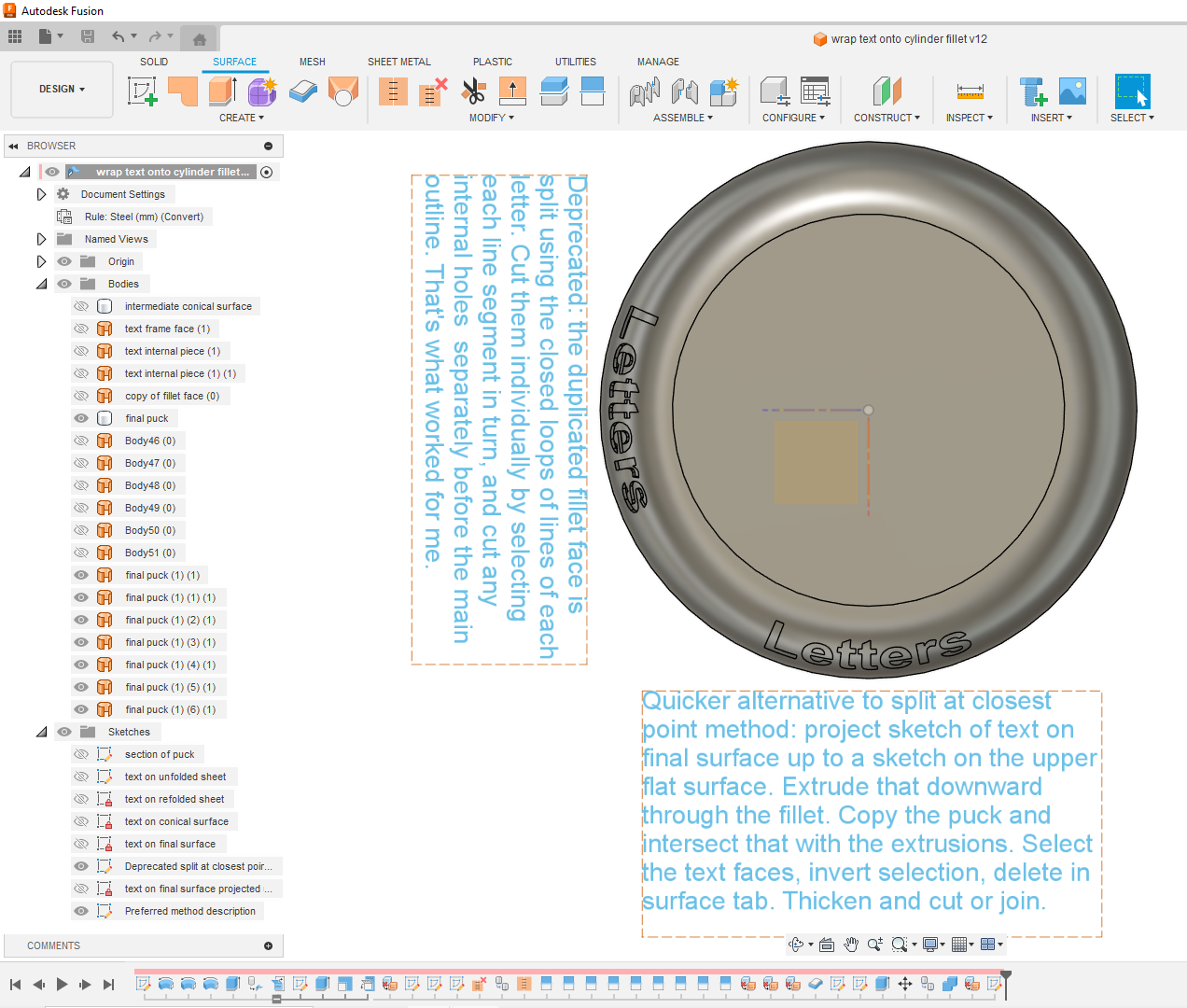 UPDATED 240318 Fusion 360 method for text debossed on a fillet around a ...