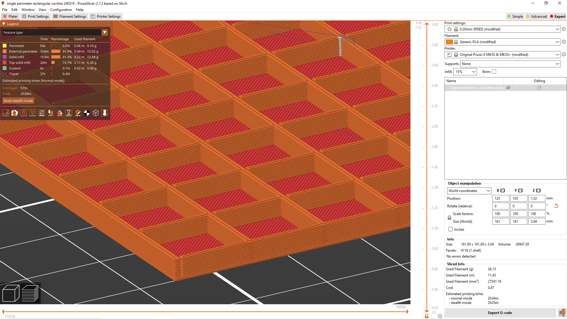Parametric rectangular array of cavities slicing to single perimeters ...