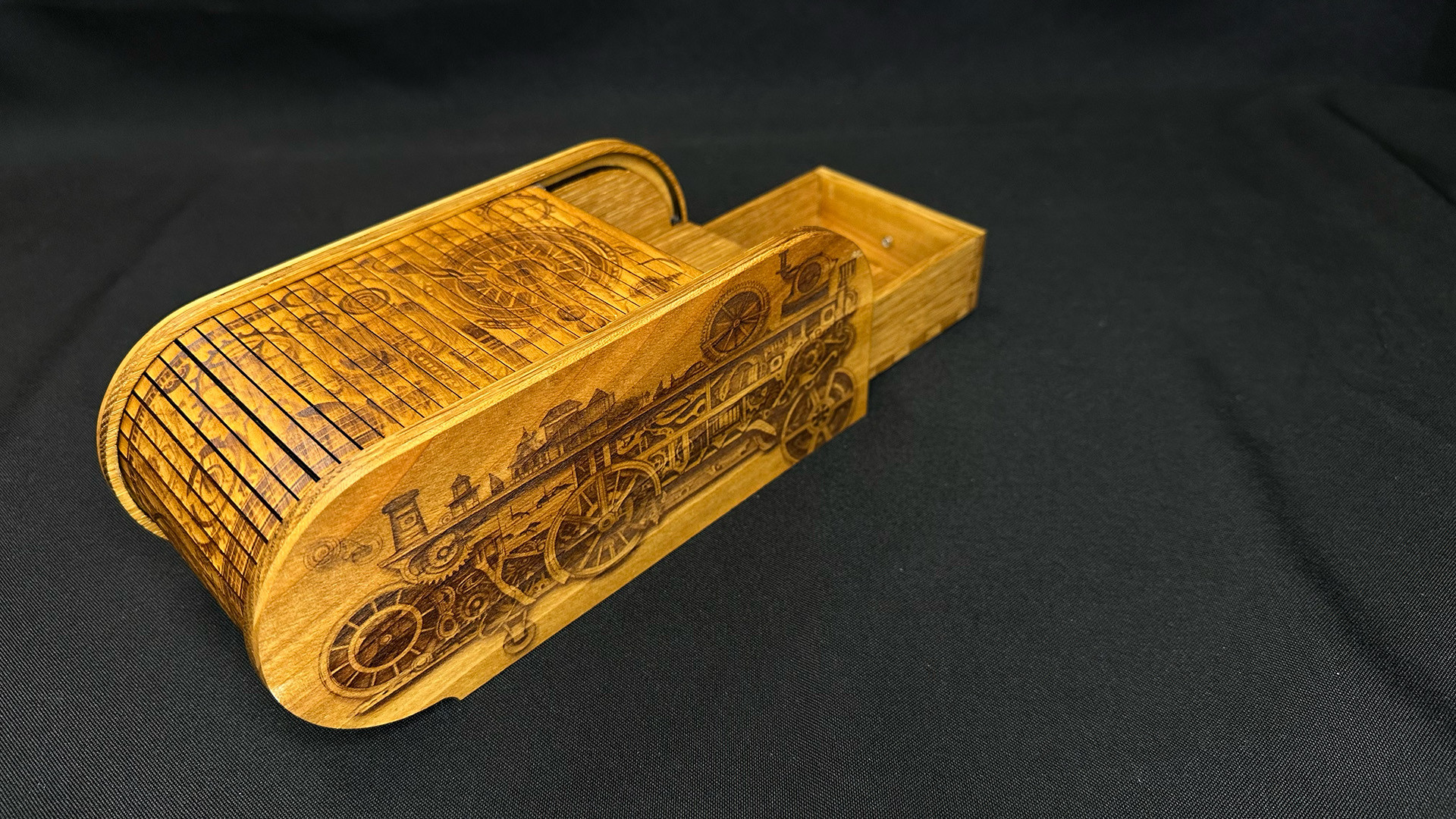 Unusual Wooden Tambour Pencil Box With Steampunk Engraving by Timber ...