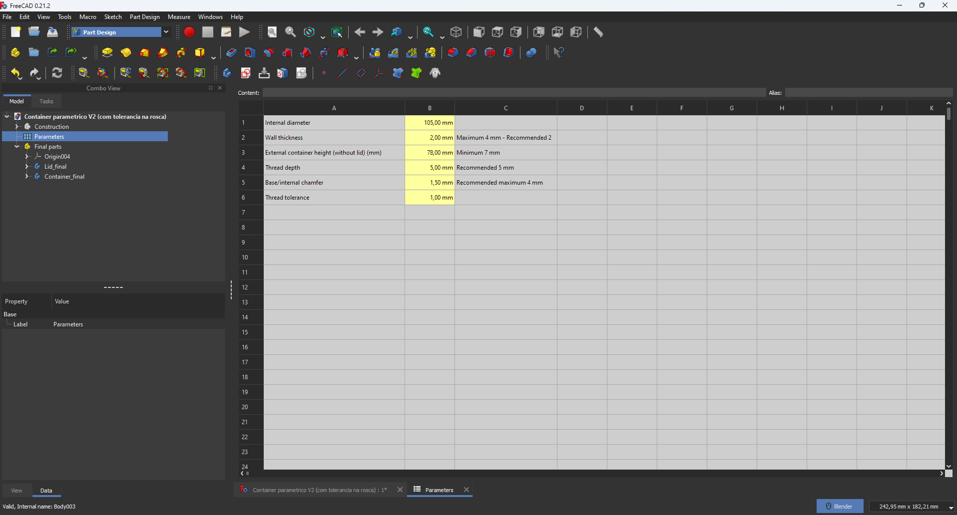 Parametric container with threaded lid by Fab3D Udesc | Download free ...