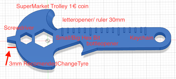 Keychain Supermarket trolley 1€ coin multi tool 9minutes print Shopping ...