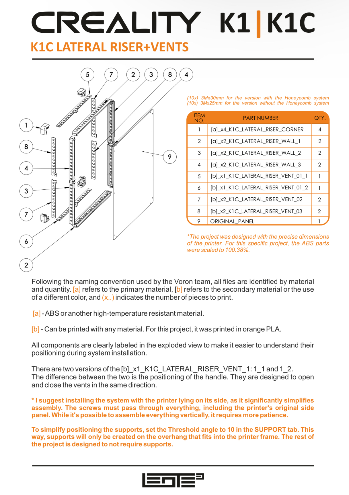 CREALITY K1C | K1 20mm LATERAL RISER + VENTILATION (compatible with the ...