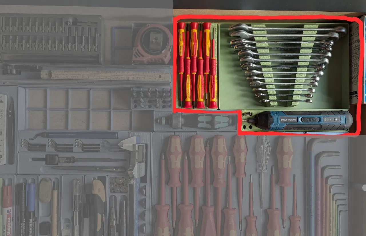 Gridfinity tool holder collection (2nd). Includes tray for wrenches, electric screwdriver ...
