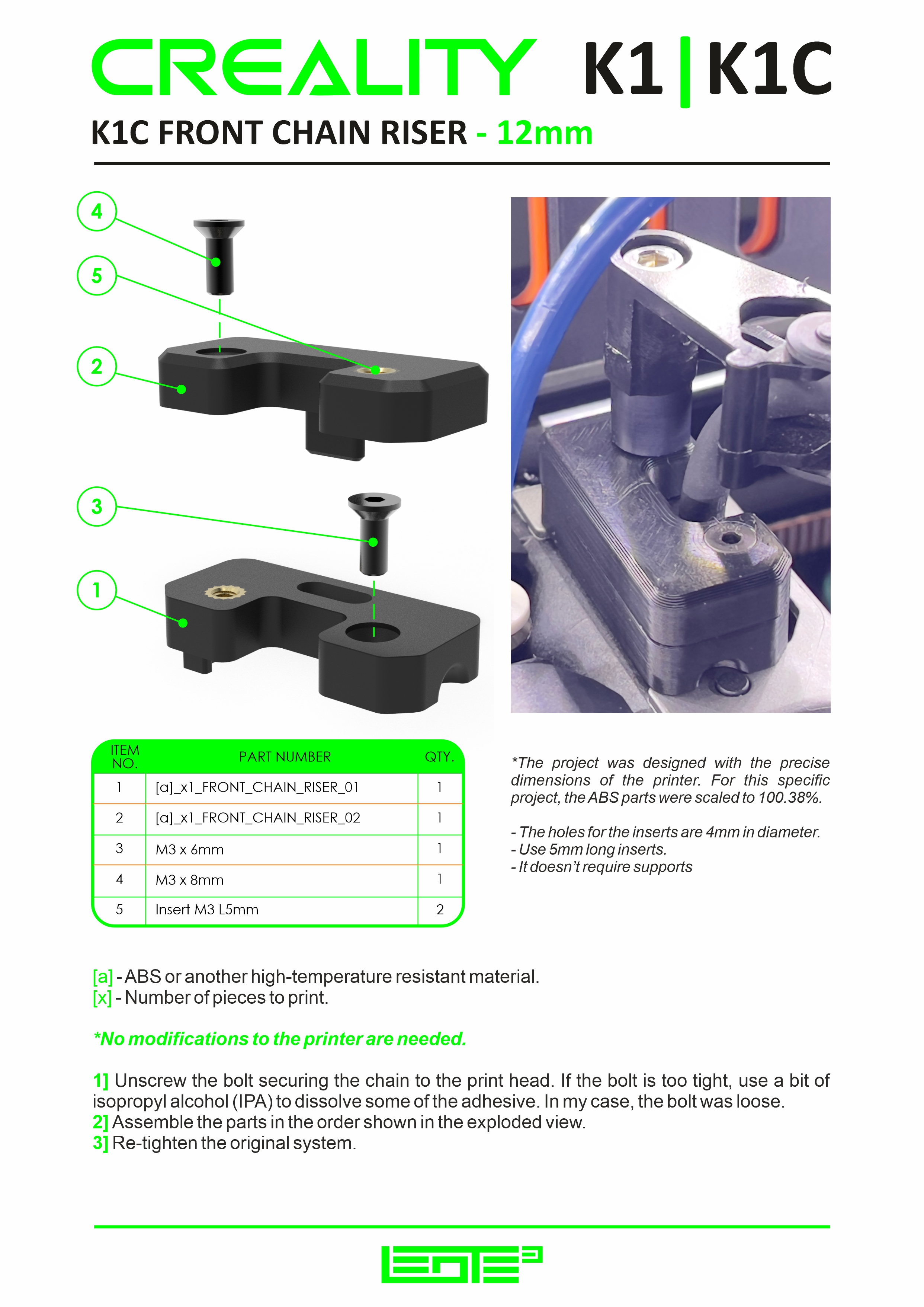CREALITY K1C | K1 FRONT CHAIN RISER [12mm] por LEOTE3D | Descargar ...