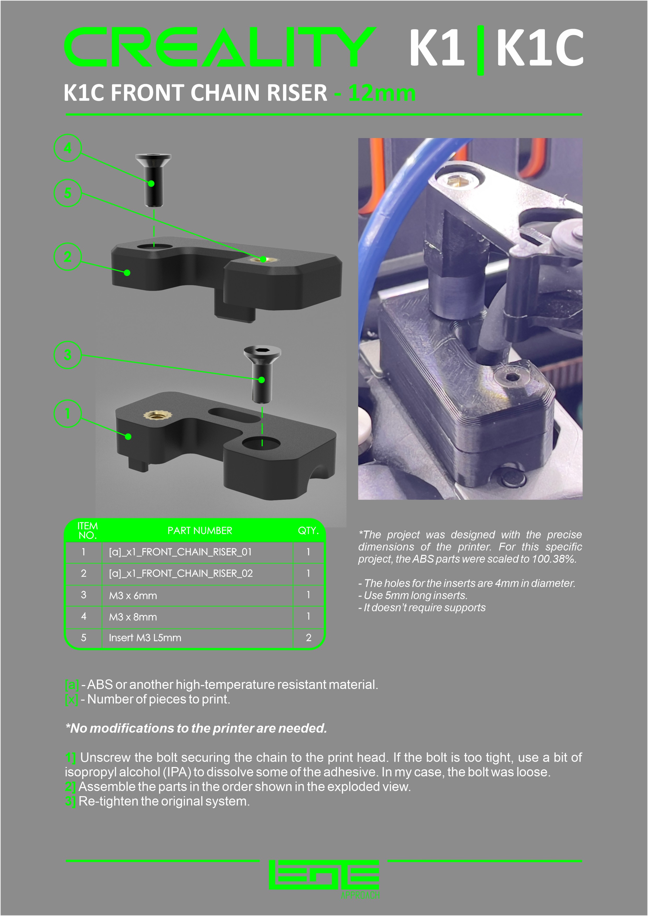 CREALITY K1 | K1C | K1SE - FRONT CHAIN RISER [12mm] by LEOTE [approach ...