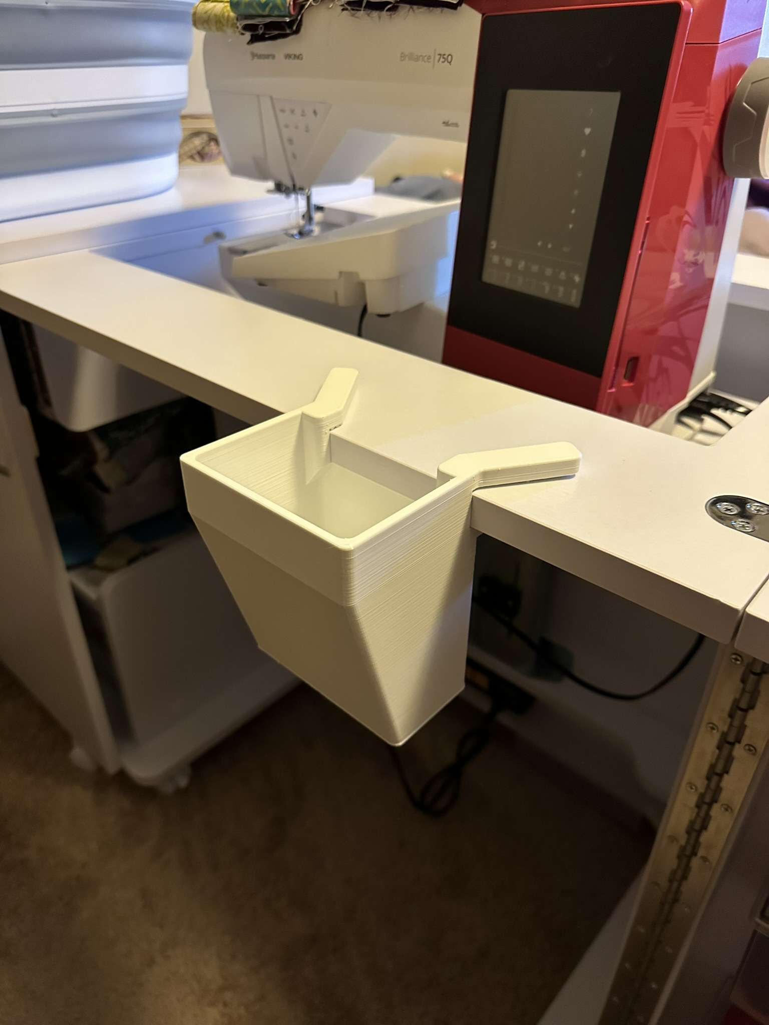 Tabletop-mounted scrap bin for fabric, threads, plastic bits, and more ...