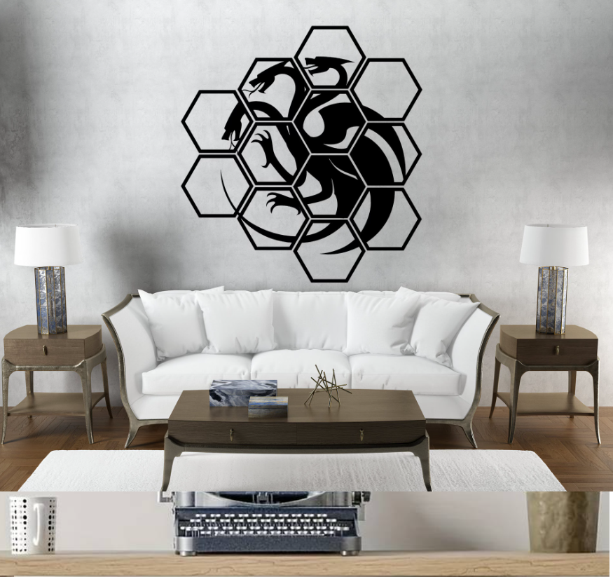 Set Of 12 The Hexagon Three Headed Hydra Dragon Wall Decor by Jura ...