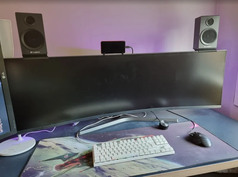 Speaker mount for wide monitor (Samsung CR49RG90 / Logitech Z333) by ...