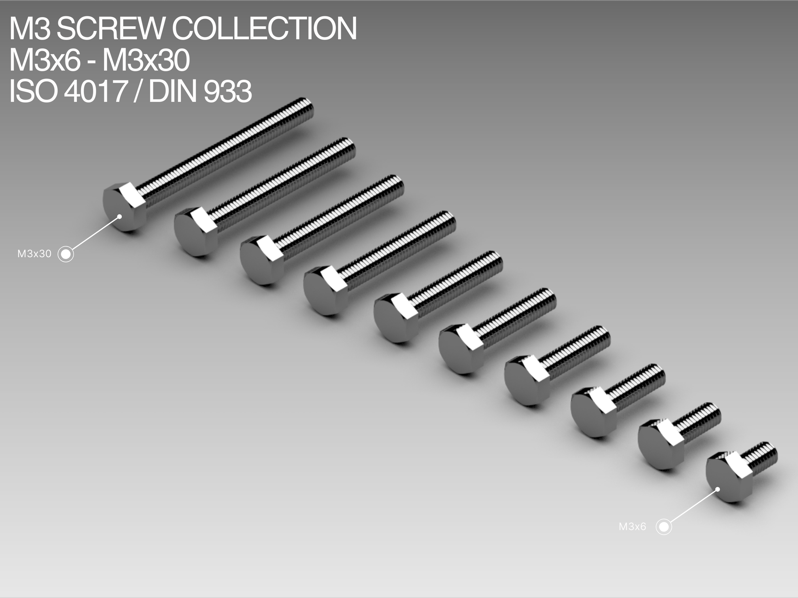 M3 Screw Collection M3x6-M3x30 ISO 4017 / DIN 933 by Tycho Design ...