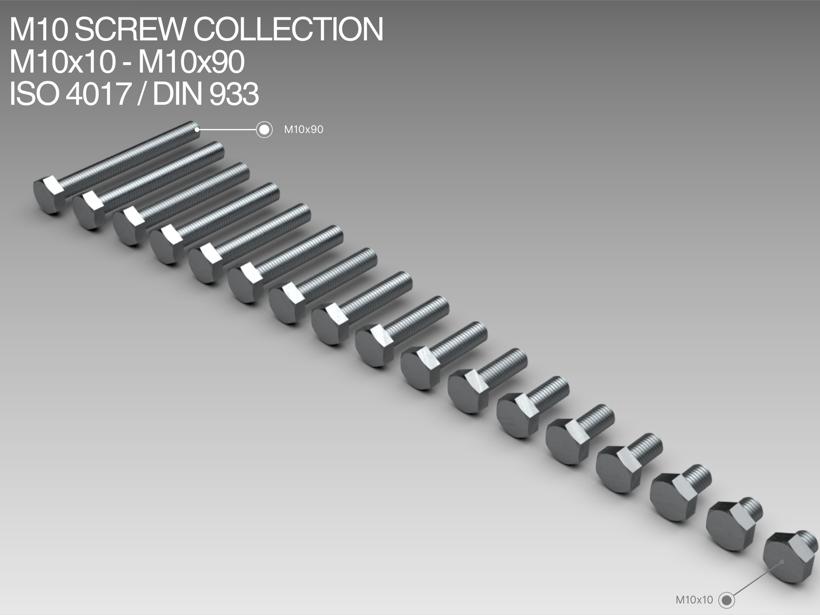 M10 Screw Collection M10x10-M10x90 ISO 4017 / DIN 933 by Tycho Design | Download free STL model ...