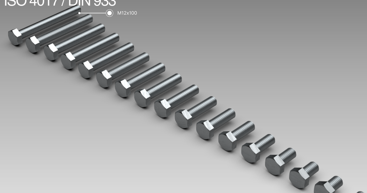 M12 Screw Collection M12x12-M12x100 ISO 4017 / DIN 933 by Tycho Design | Download free STL model ...