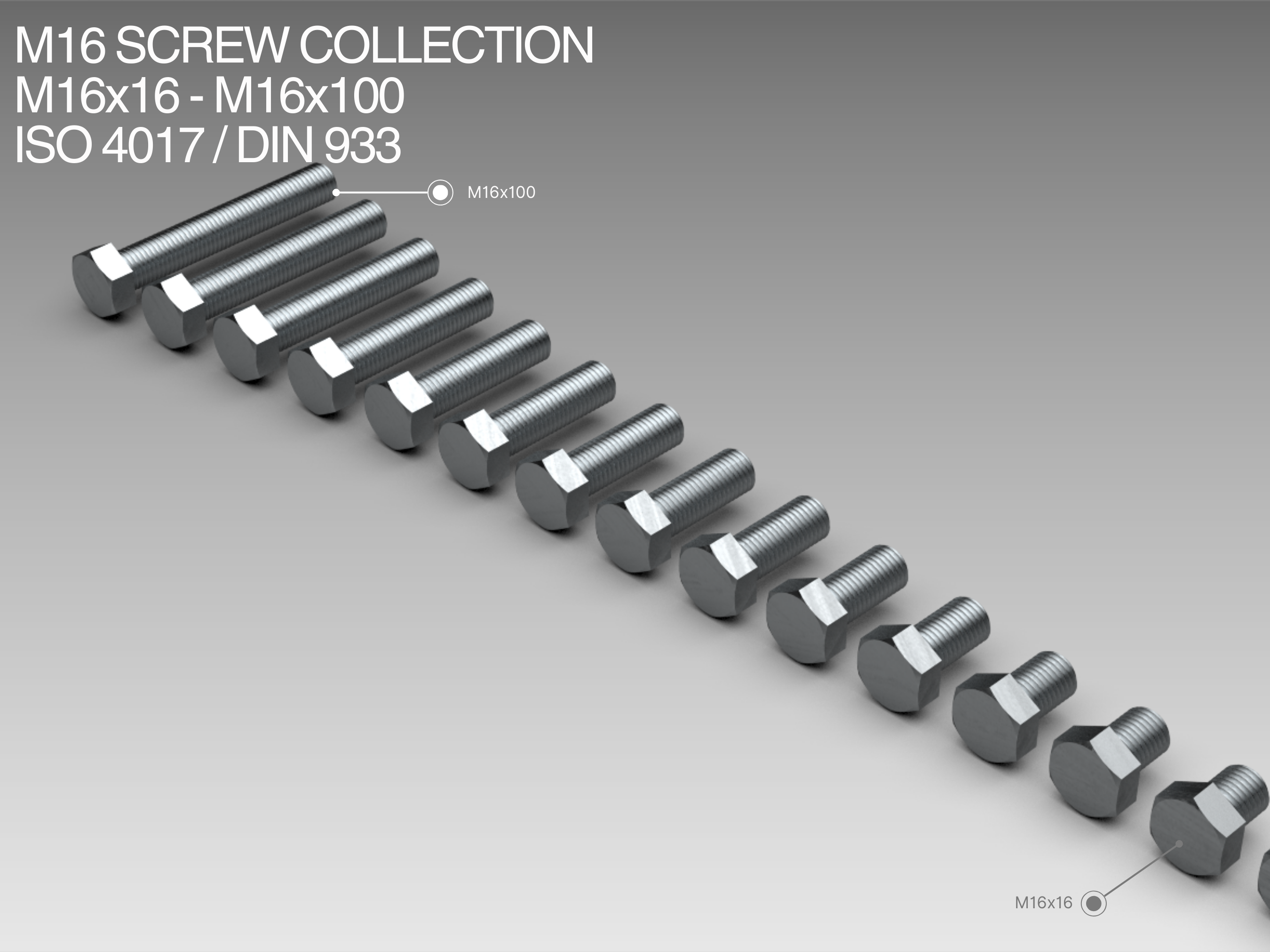 M16 Screw Collection M16x16-M16x100 ISO 4017 / DIN 933 by Tycho Design ...